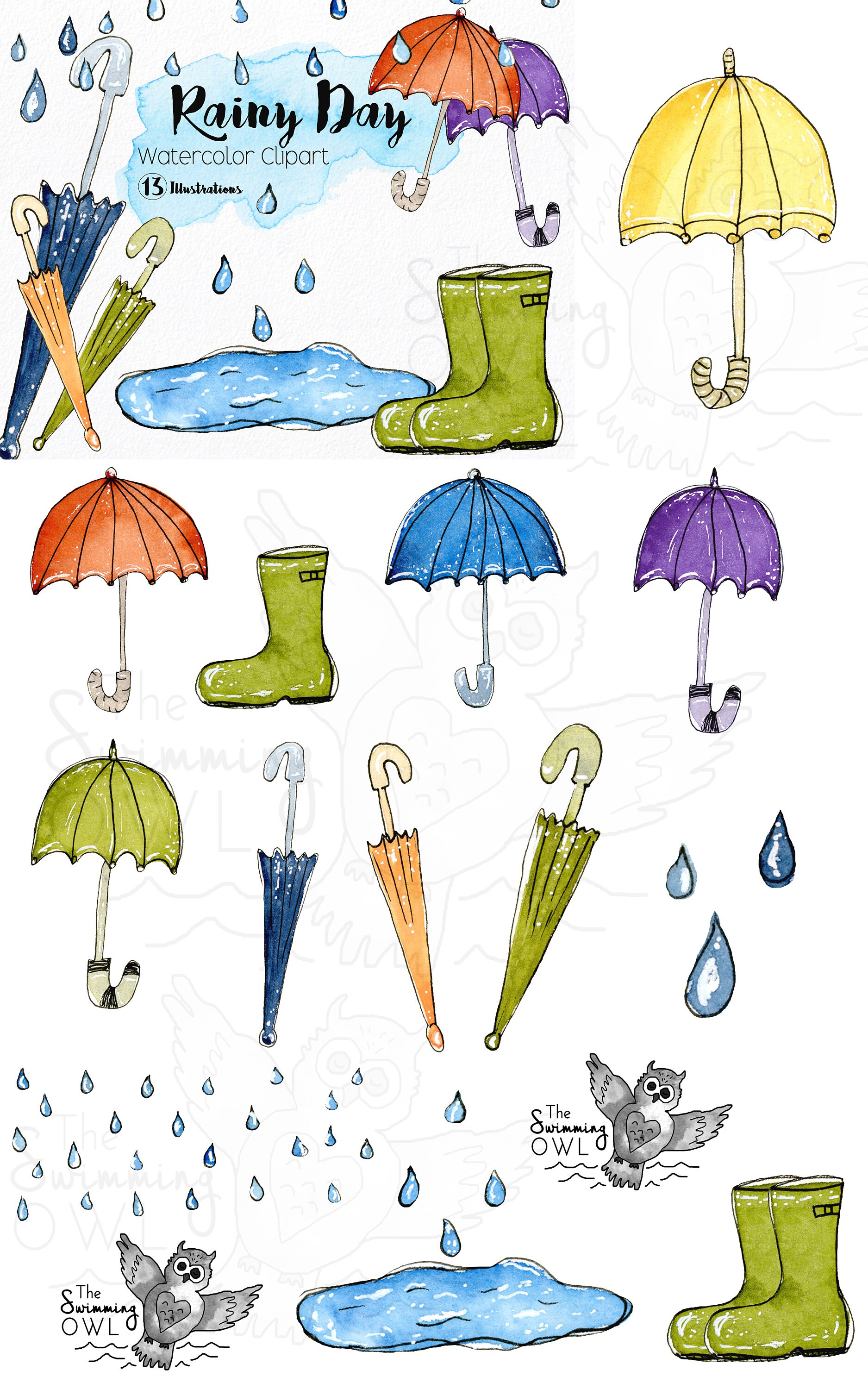 Rainy Day Clipart - Cute Umbrellas, Rainboots, Puddles + Raindrops ...