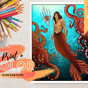 Octopus Merman Coloring Page Printable Coloring Page Adult - Etsy