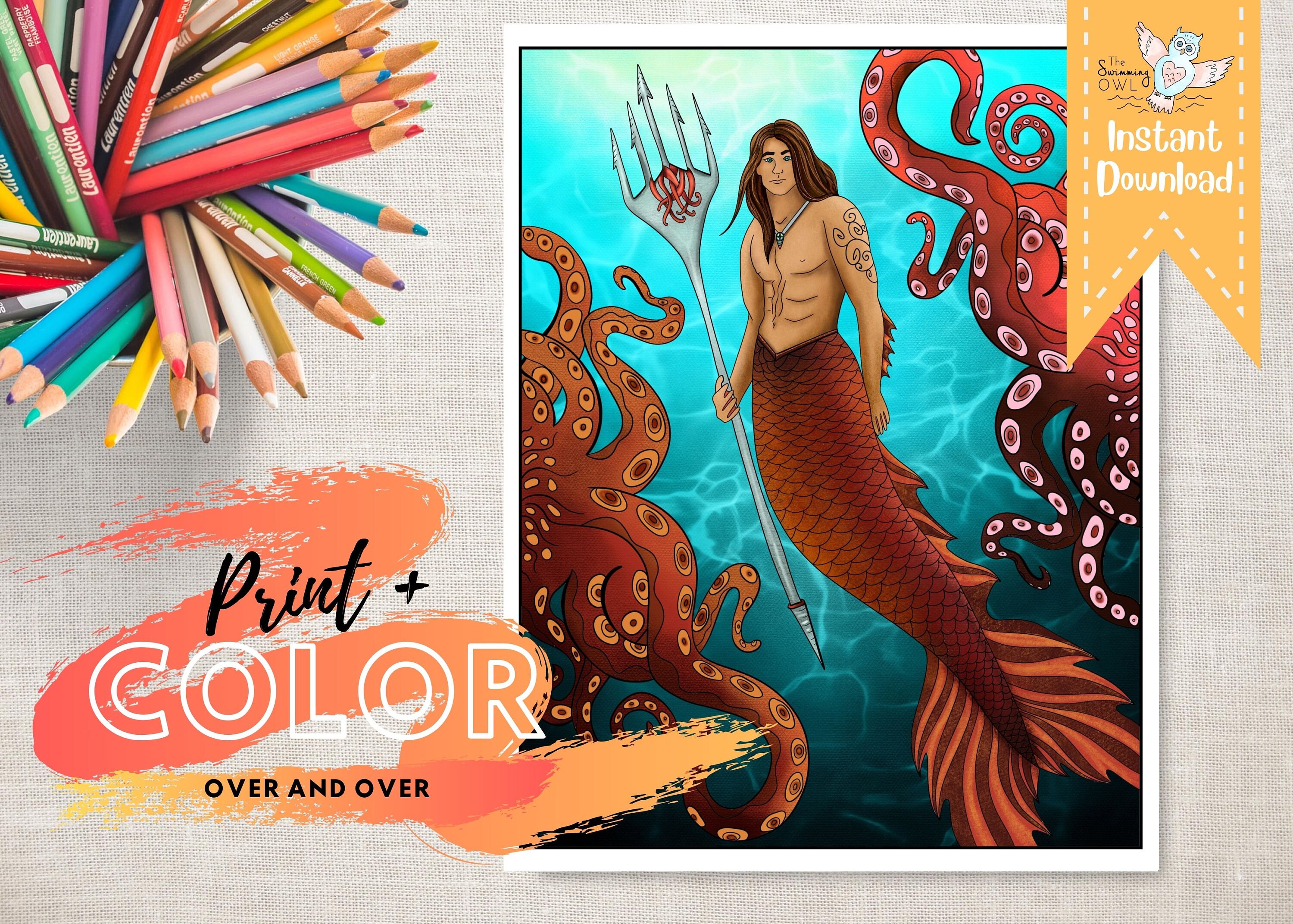 Octopus Merman Coloring Page Printable Coloring Page Adult - Etsy UK