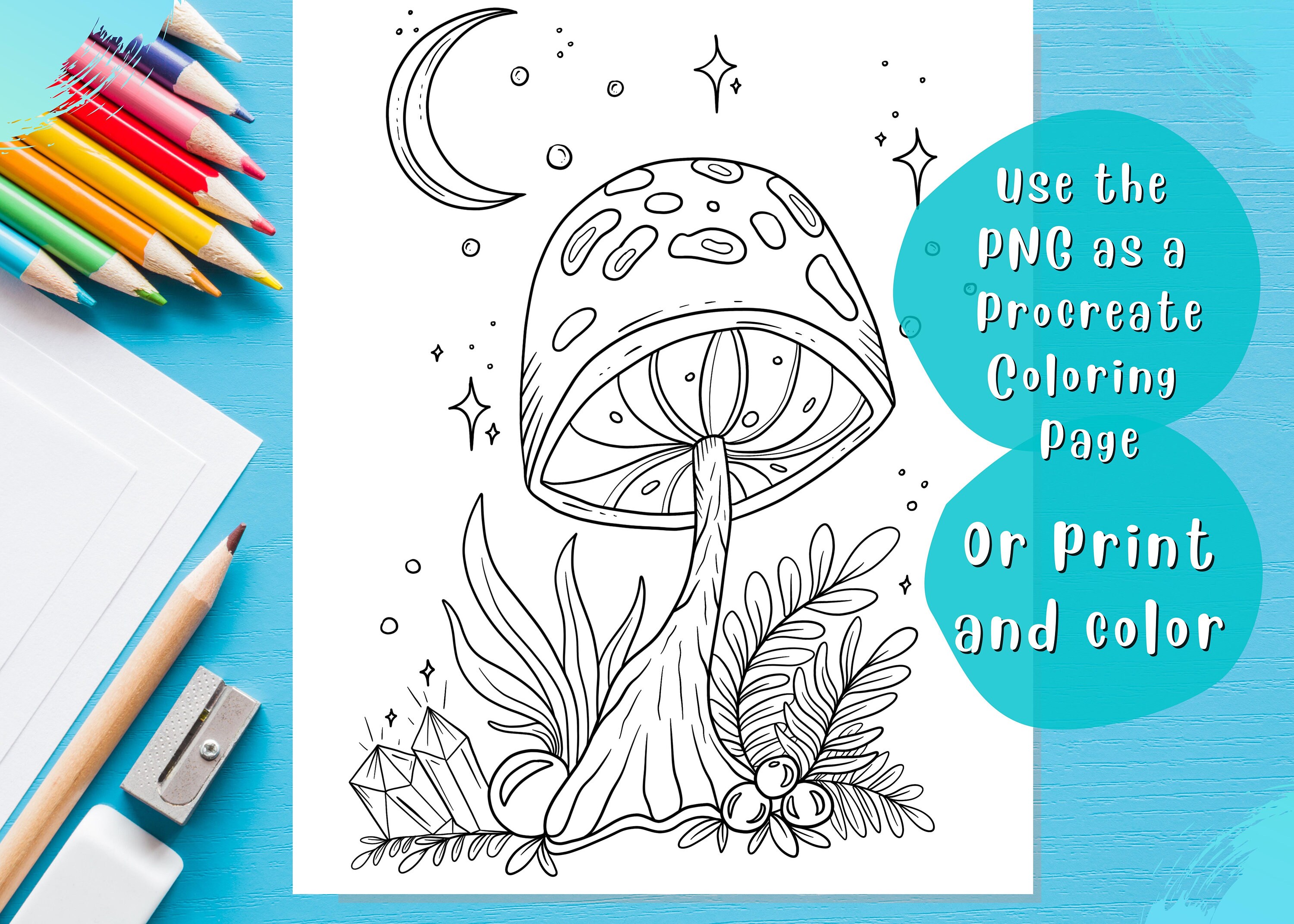 🌙 Magical Mushroom Coloring Page (Download) — The Swimming Owl
