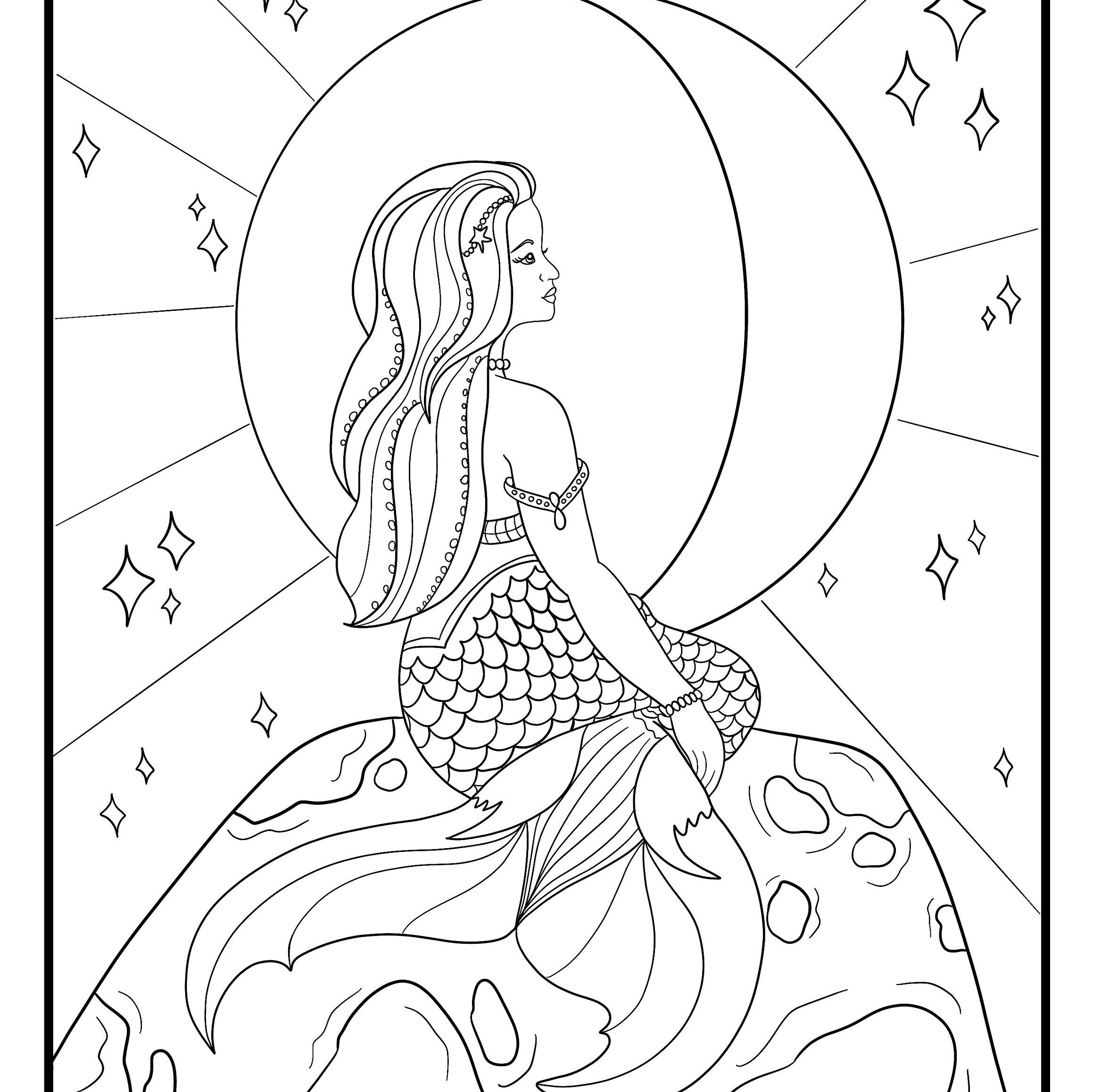 Moonlight Mermaid Coloring Page Printable Mermaid PDF | Etsy