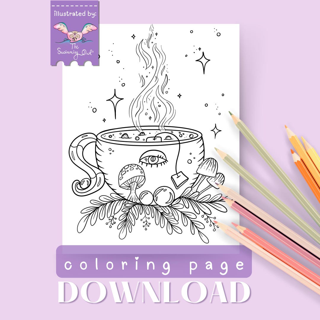 Witchy Magic Coloring Page, Mushroom Tea Printable Coloring Page ...