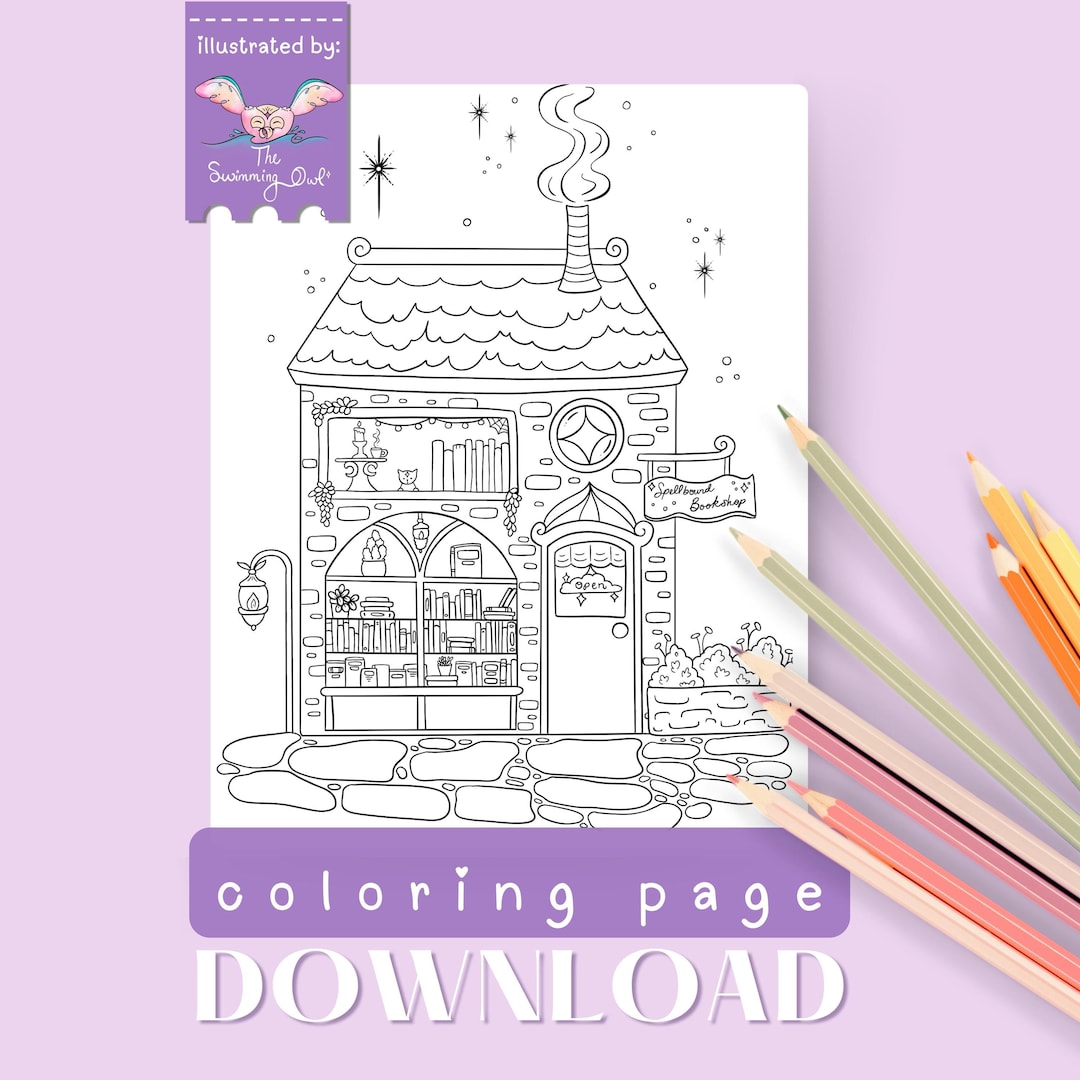 Spellbound Bookshop Witchy Coloring Page | Printable Magical Adult ...