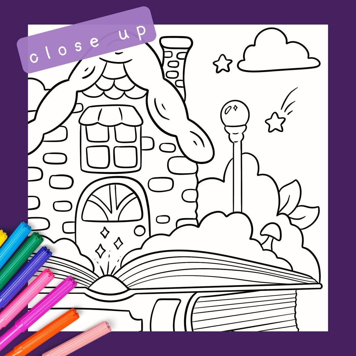 Cute Storybook Coloring Page | Printable Bookish Cottage Adult Coloring ...