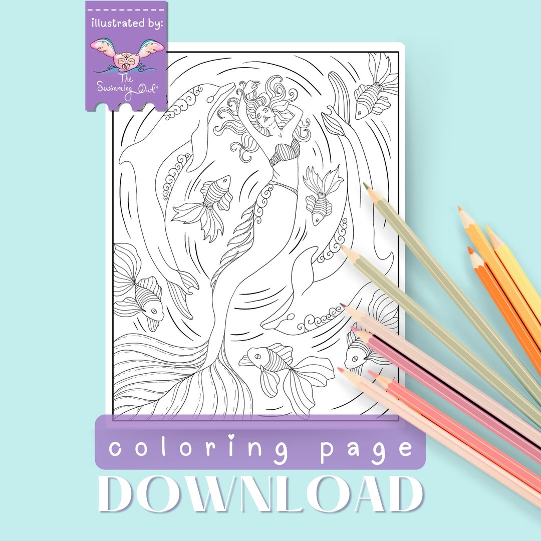 Mermaid + Dolphins Printable Coloring Page | Fantasy Adult Coloring ...