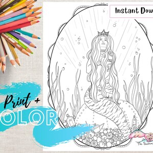Mermaid Queen Colouring Page, Printable Mermaidcore Fantasy Coloring ...
