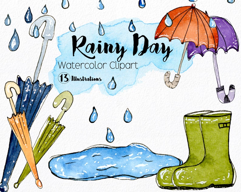 Rainy Day Clipart - Cute Umbrellas, Rainboots, Puddles + Raindrops ...