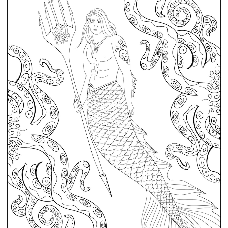Octopus Merman Coloring Page Printable Coloring Page Adult - Etsy Finland