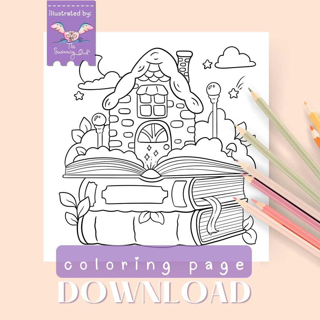 Cute Storybook Coloring Page | Printable Bookish Cottage Adult Coloring ...