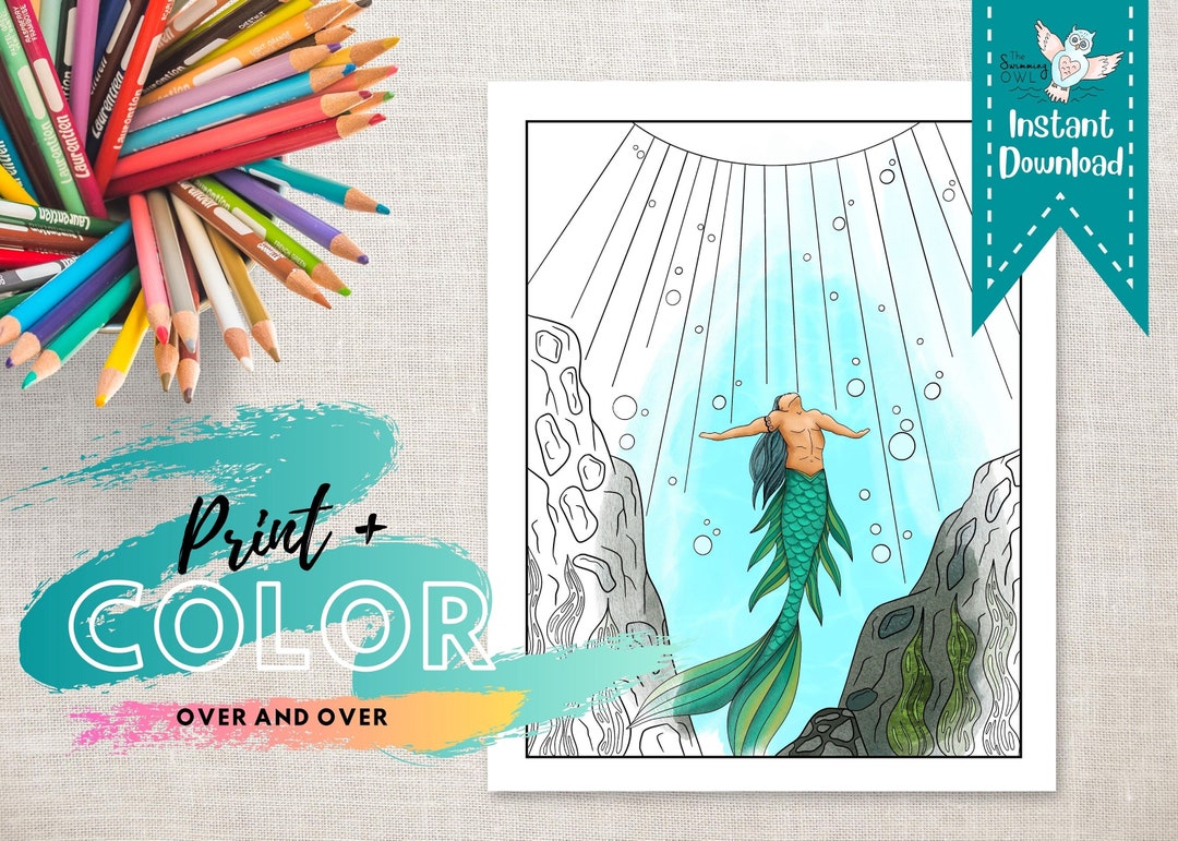 Fantasy Merman Coloring Page, Printable Adult Coloring Activity ...