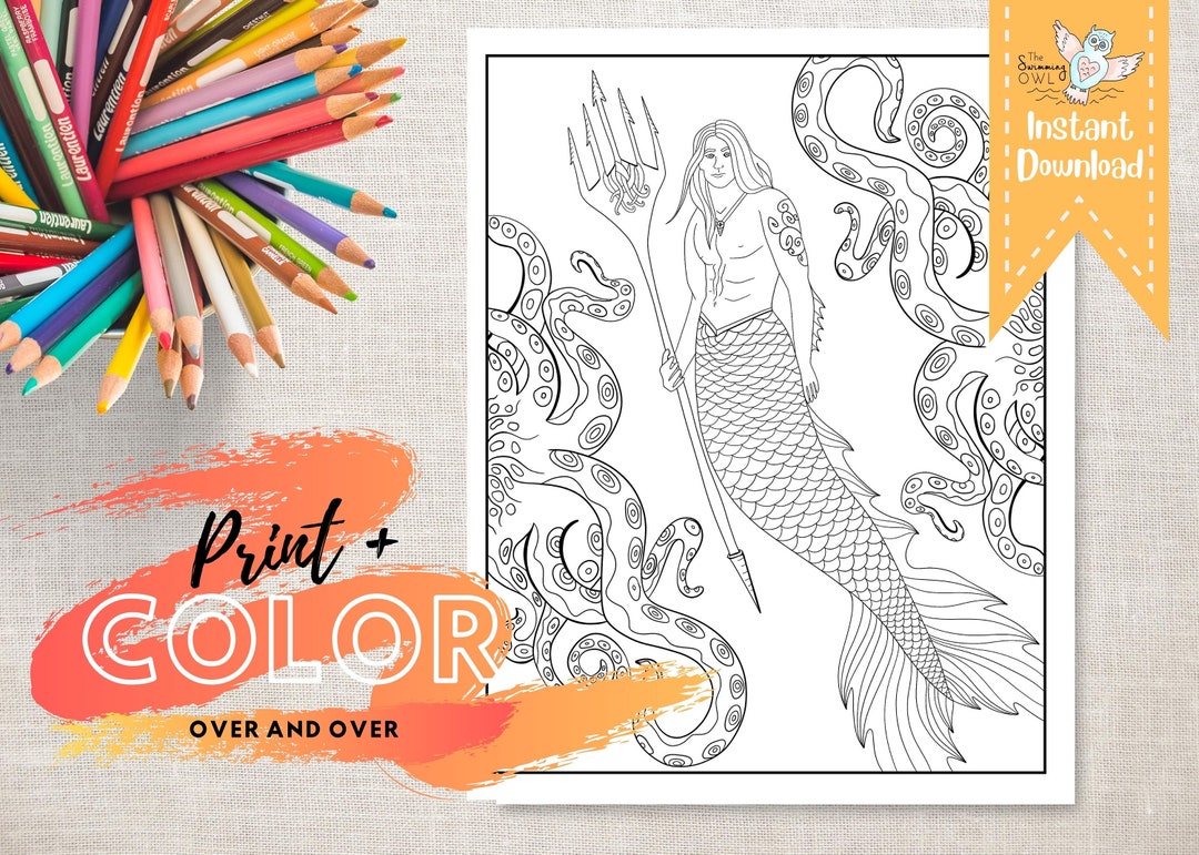 Octopus Merman Coloring Page Printable Coloring Page Adult - Etsy