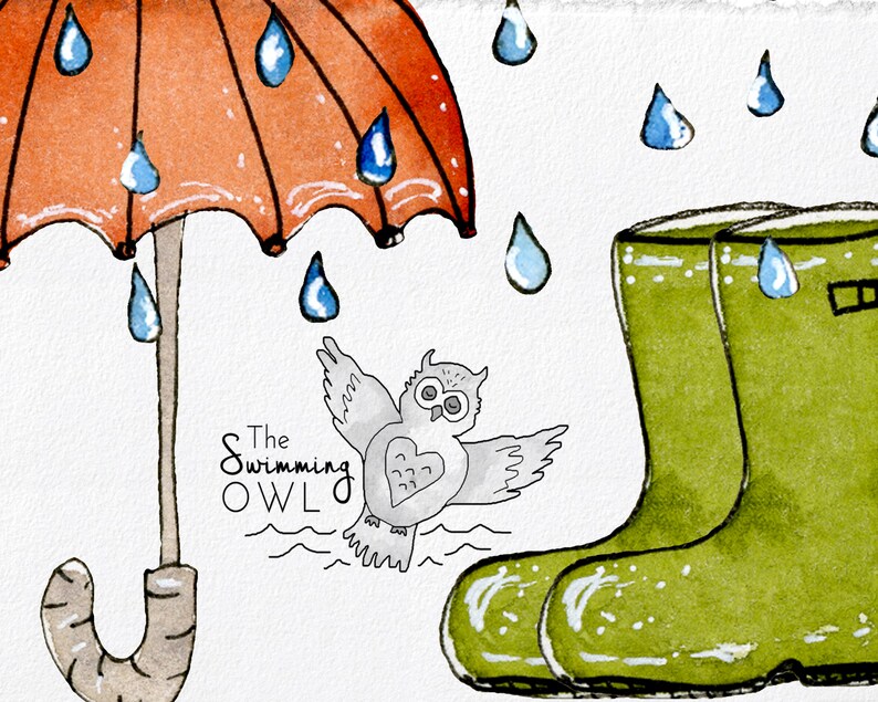 Rainy Day Clipart - Cute Umbrellas, Rainboots, Puddles + Raindrops ...