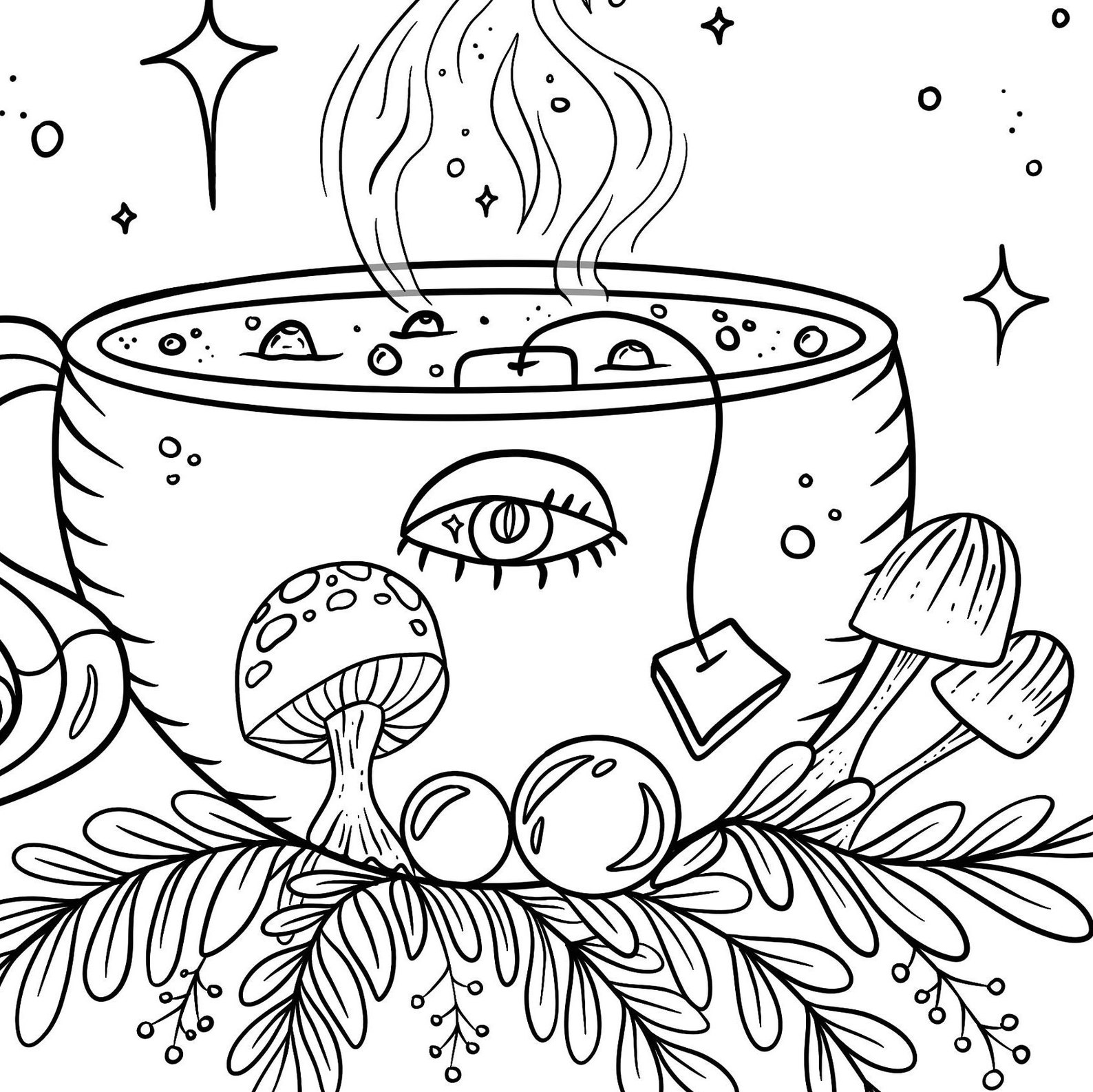 Witchy Magic Coloring Page Mushroom Tea Printable Coloring - Etsy
