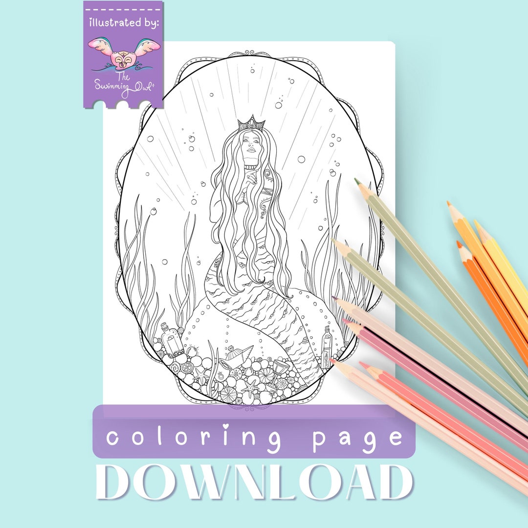 Mermaid Queen Printable Colouring Page, Mermaidcore Fantasy Coloring ...
