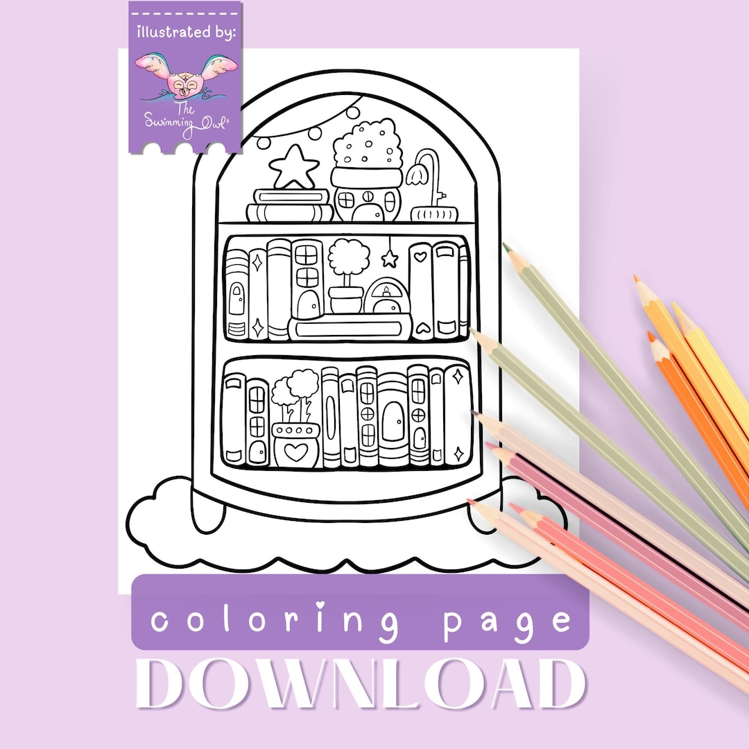 Cute Bookshelf Coloring Page | Printable Bookish Adult Coloring Page ...