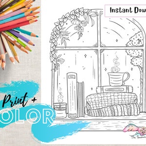Cottage Window Interior Colouring Page, Printable Cozy Cute Instant ...