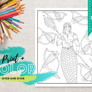 Printable Merman Coloring Page, Fantasy Ocean Art, Adult Coloring Page ...