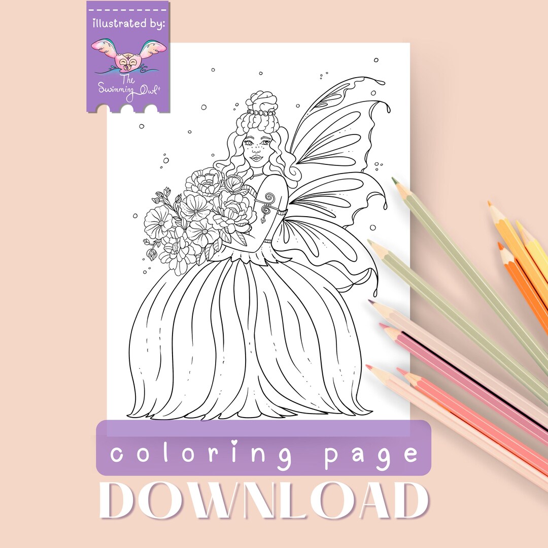 Flower Fairy Coloring Page, Printable Fantasy Cottagecore Adult ...