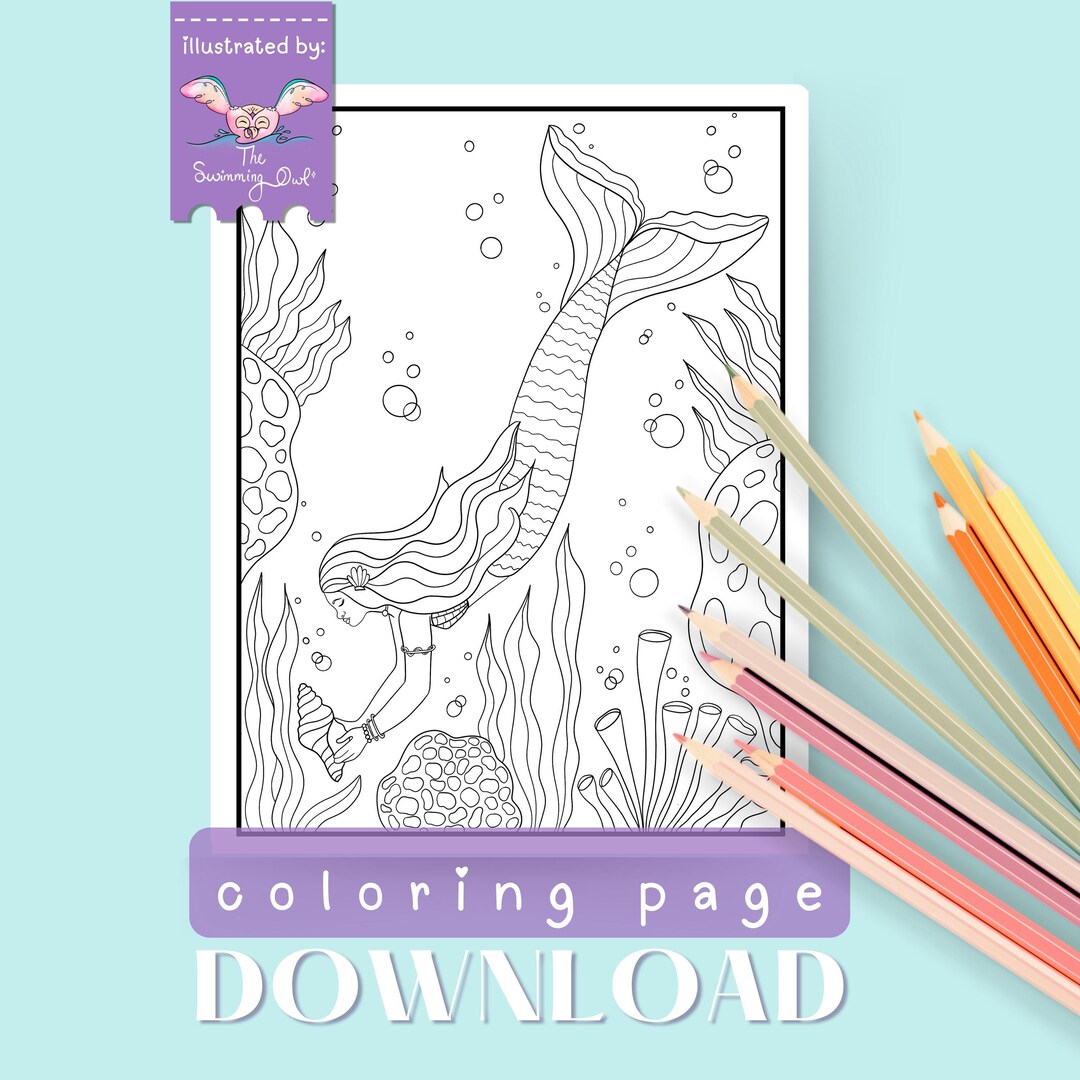 Mermaid Coloring Page Printable, Fantasy Siren + Seashell Adult ...