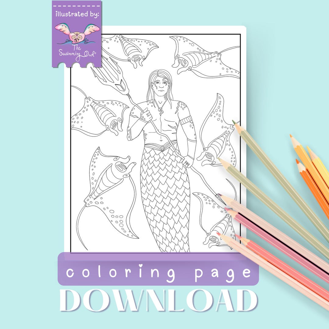 Stingray Merman Printable Coloring Page, Fantasy Ocean Adult Coloring ...