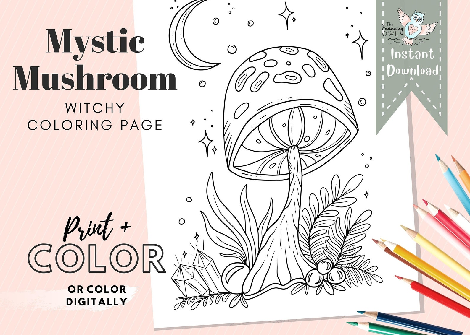 Mystic Mushroom Coloring Page Witchy Printable Coloring Page - Etsy