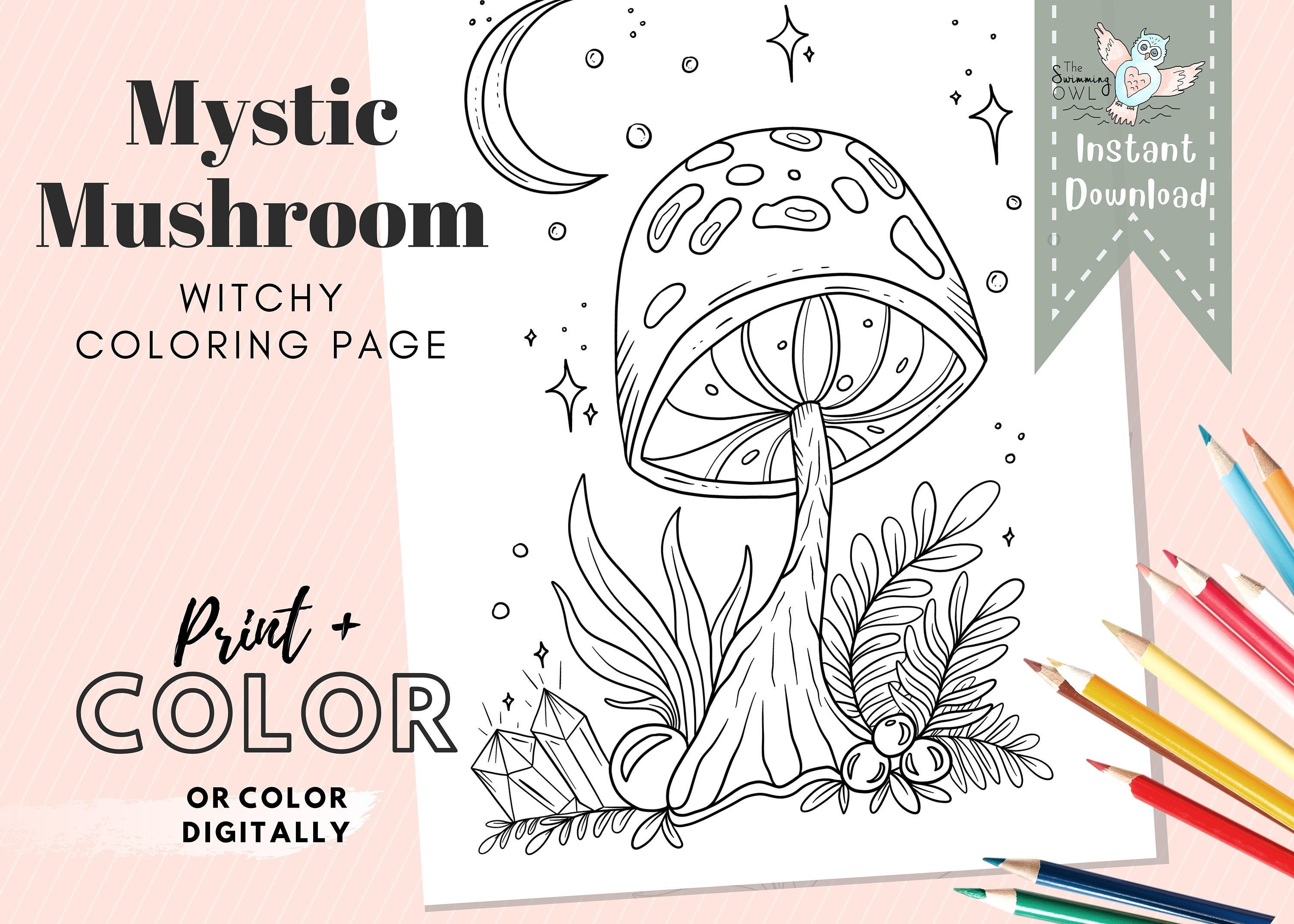 🌙 Magical Mushroom Coloring Page (Download) — The Swimming Owl