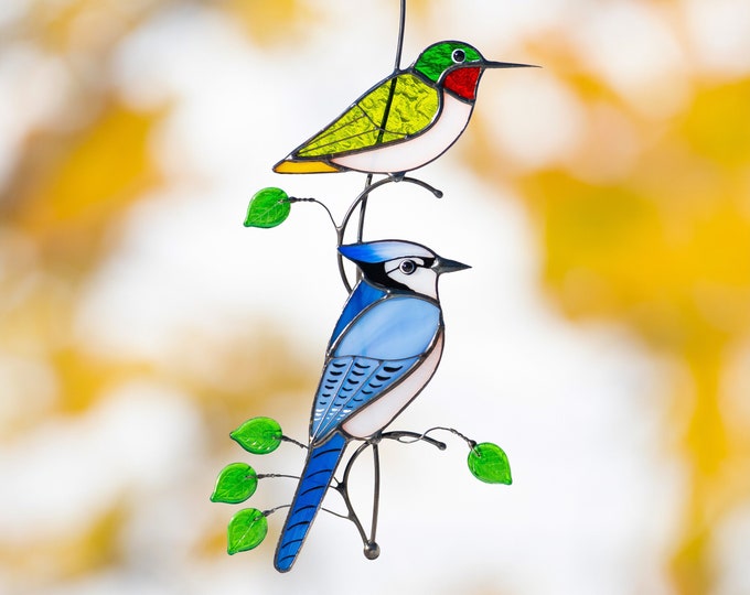 Hummingbird Stained Glass Window Hangings Christmas Gifts Blue Jay ...