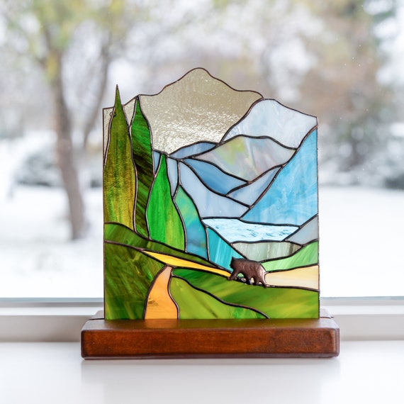 Custom Stained Glass Art Unique Holiday Gift Art Nouveau Stained Glass Desk Decor for Women Glacier National Park Stained Glass Panel Etsy