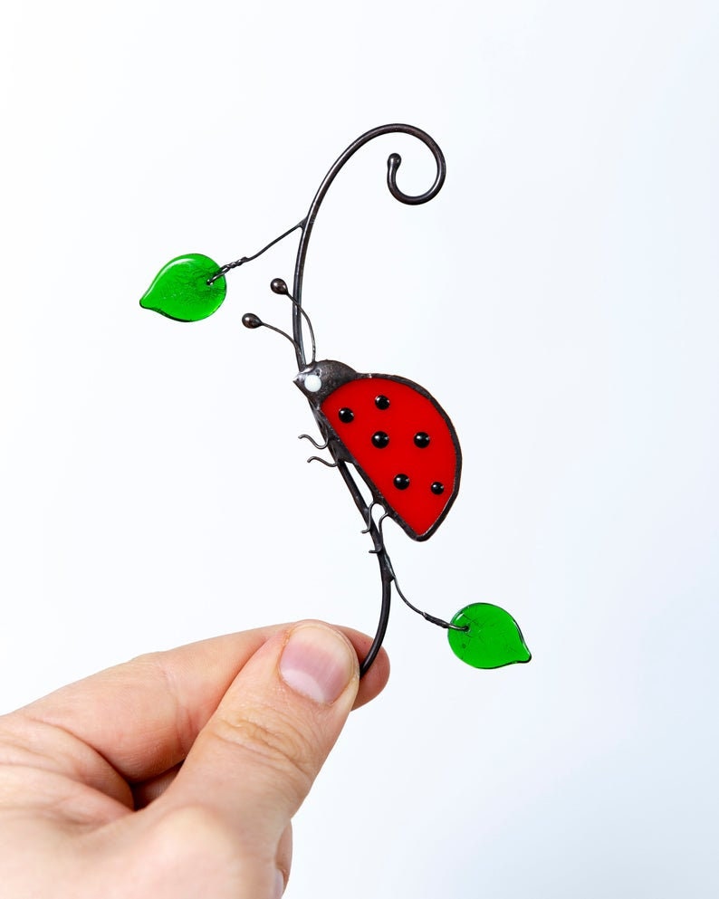 Ladybug stained glass window hangings Stained glass garden | Etsy