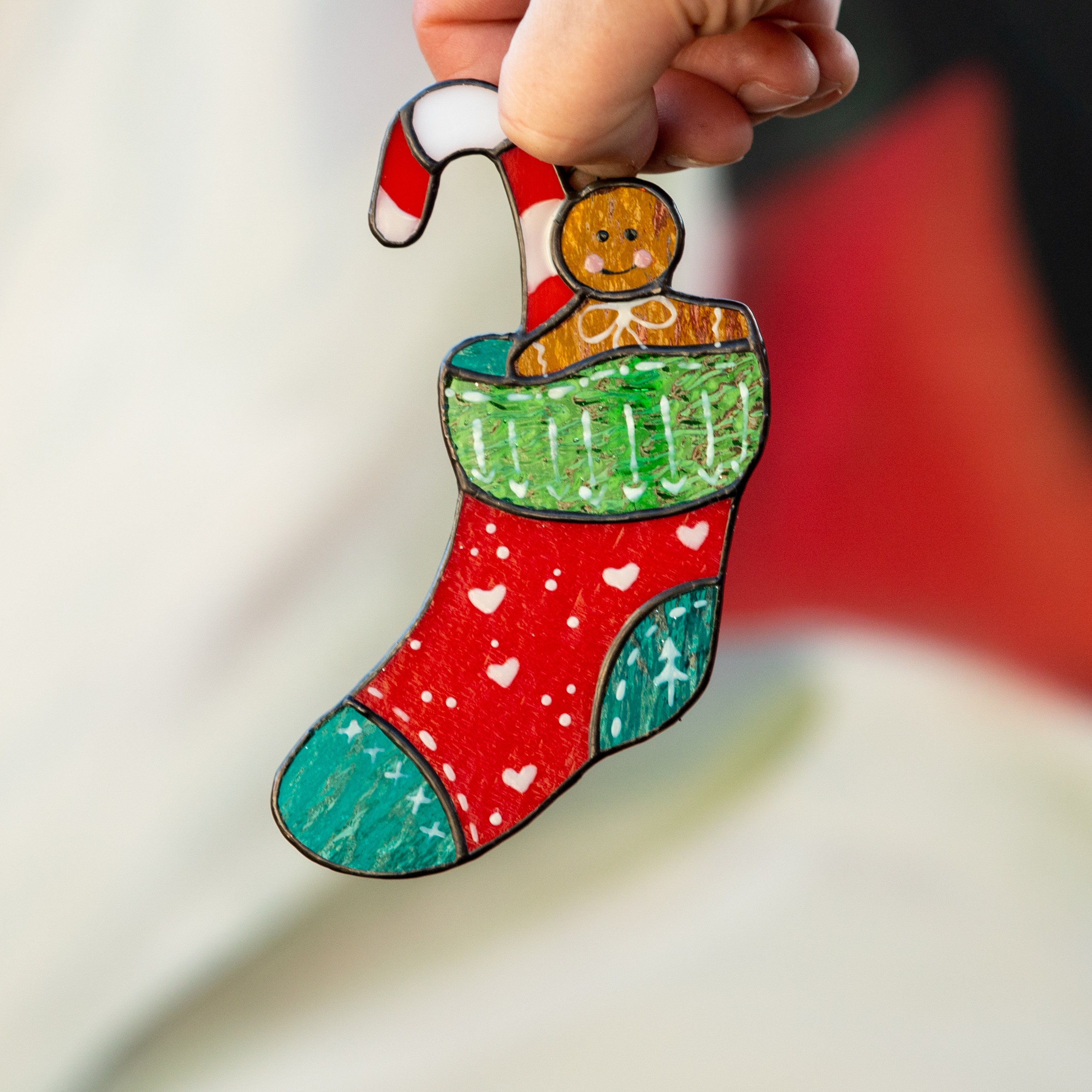 Stained glass Christmas stocking with Gingerbread Man Candy | Etsy
