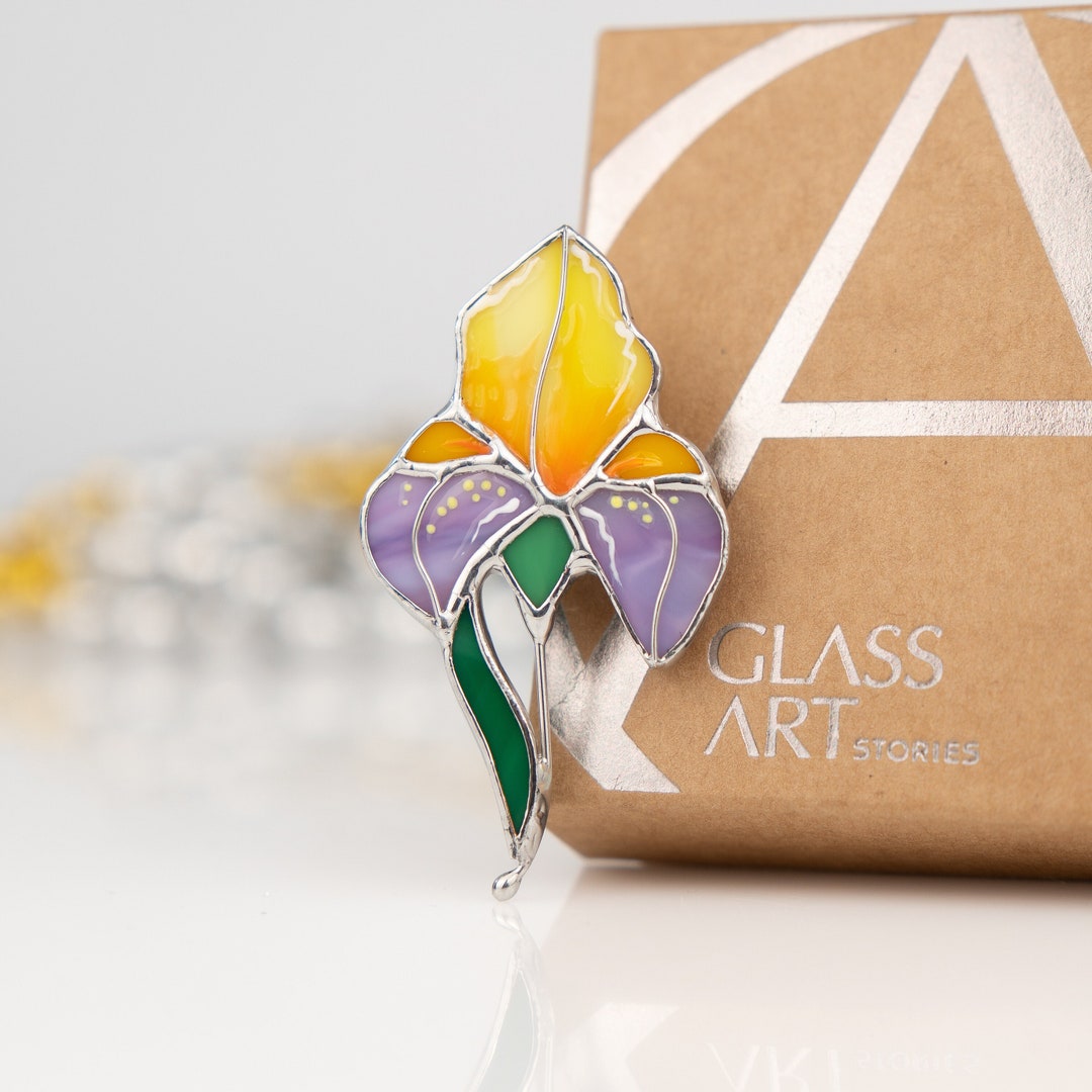 Iris Stained Glass Plant Pin Mothers Day Gift Costume Jewelry Flower ...