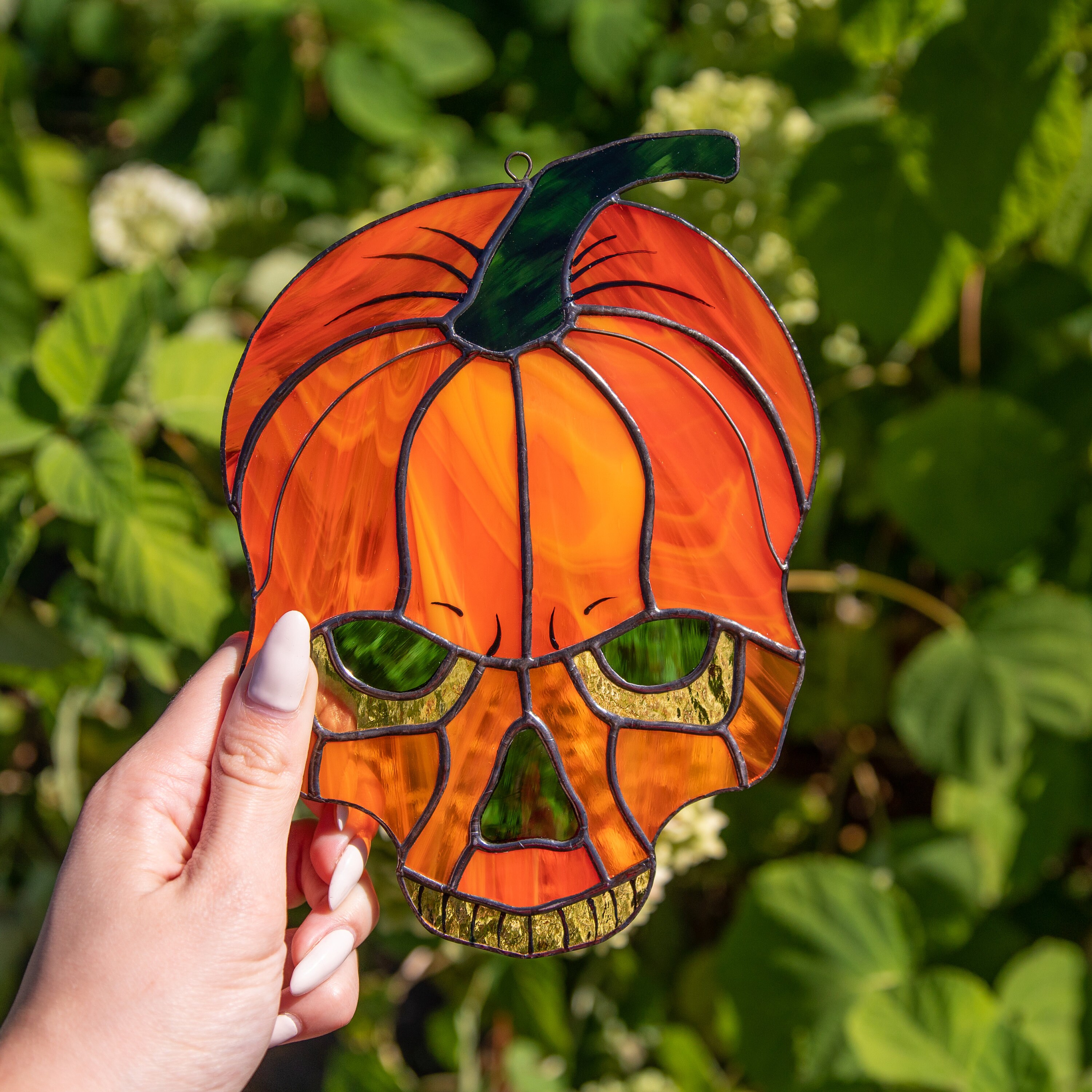 Halloween decor stained glass skull suncatcher Horror pumpkin | Etsy