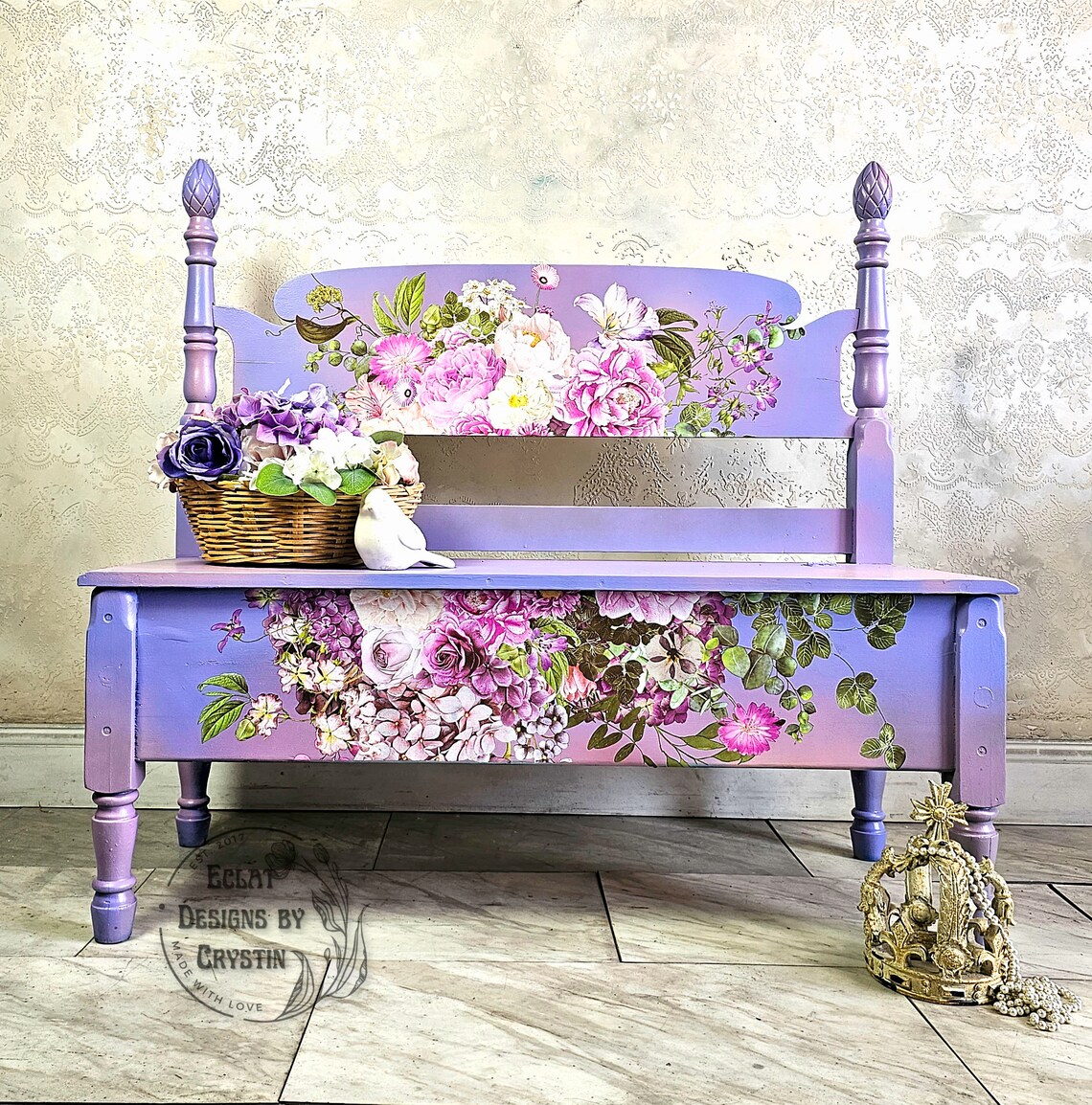Purple Blossom Wood Bench Seat With Storage Shoe Storage, Mudroom ...