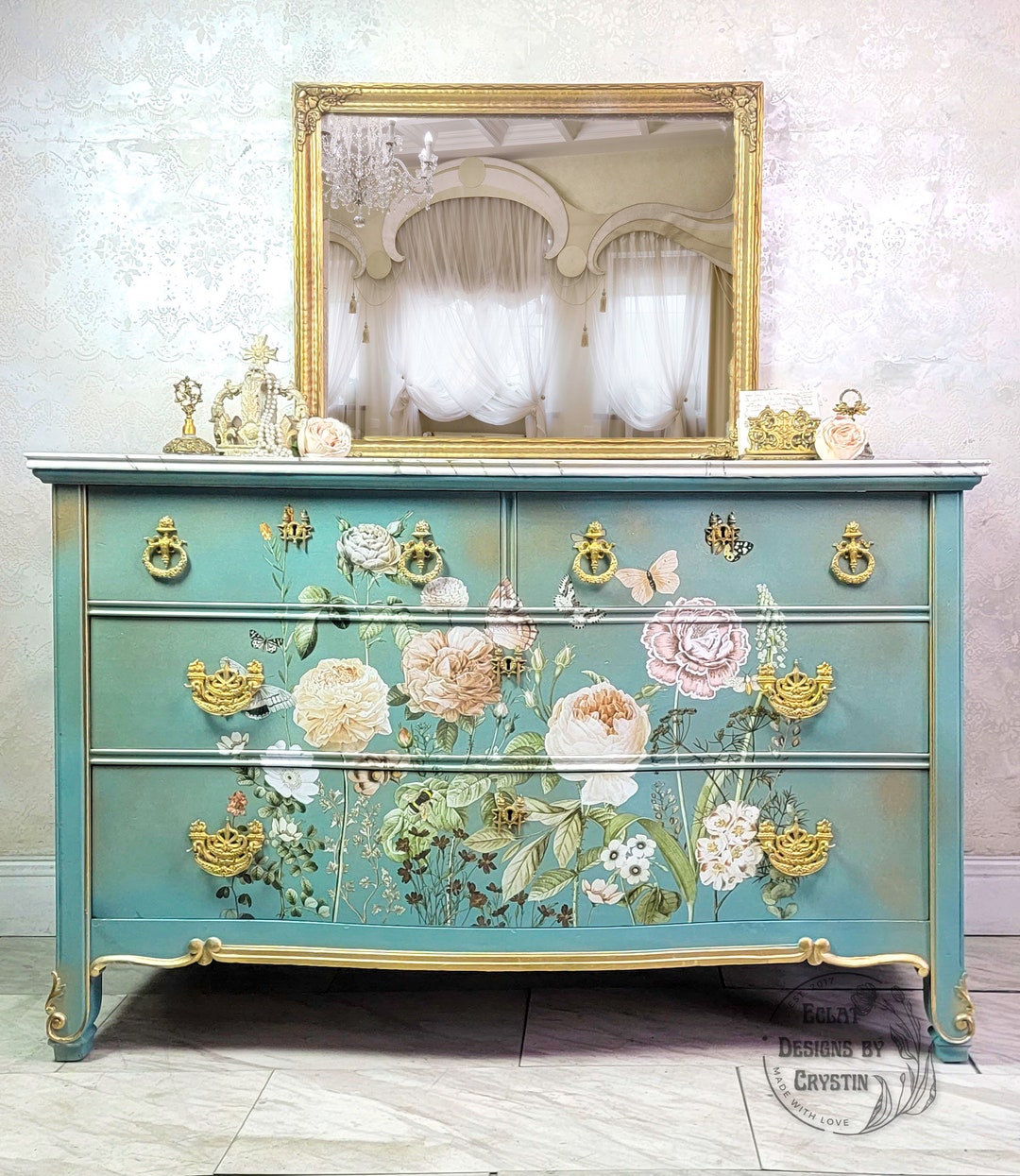 Vintage Botanical Floral Dresser, Chest of Drawers, Bureau, Wood ...