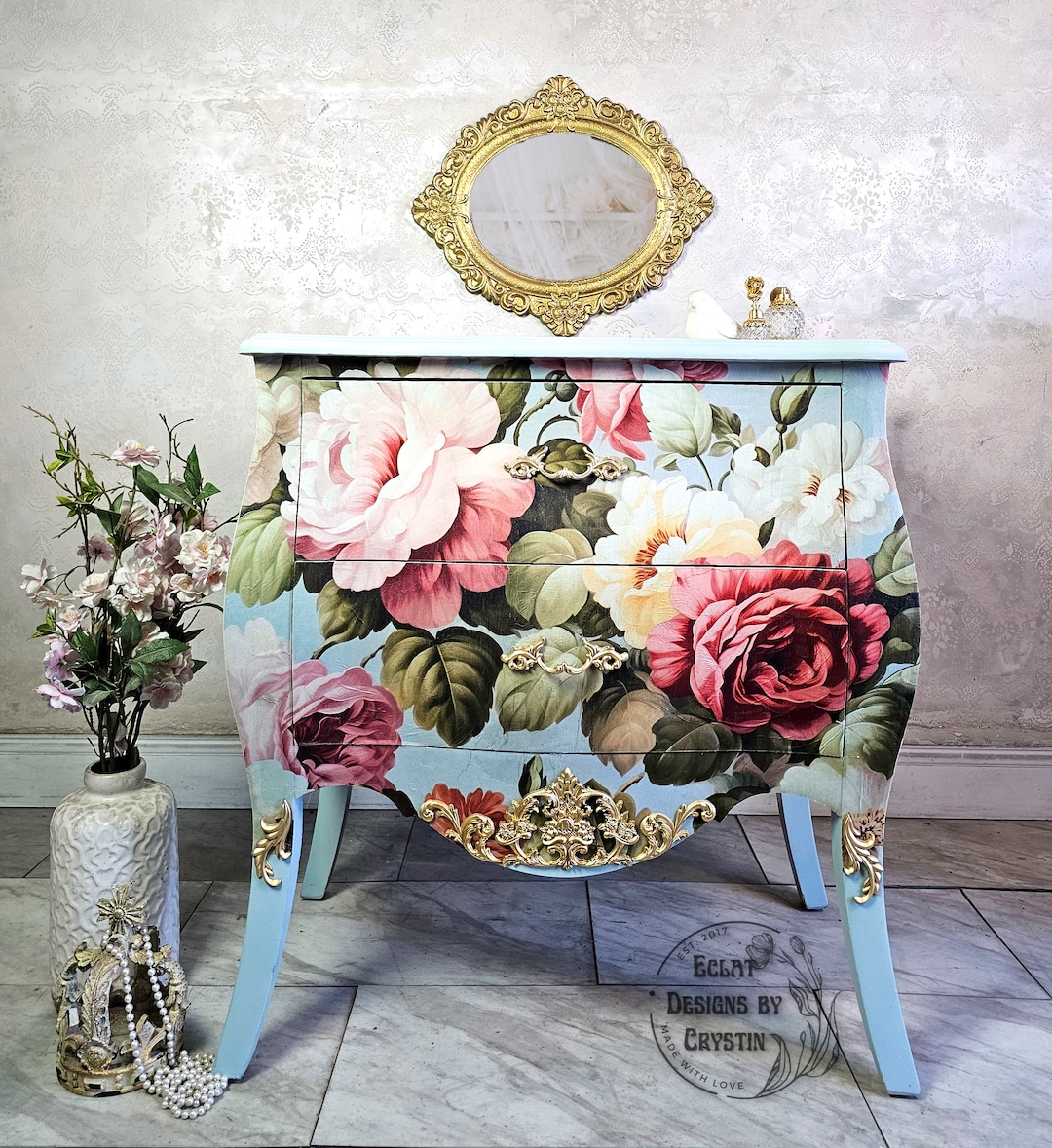 French Boutique Large Table Bombe Chest, Side Table Drawer Hand Painted ...