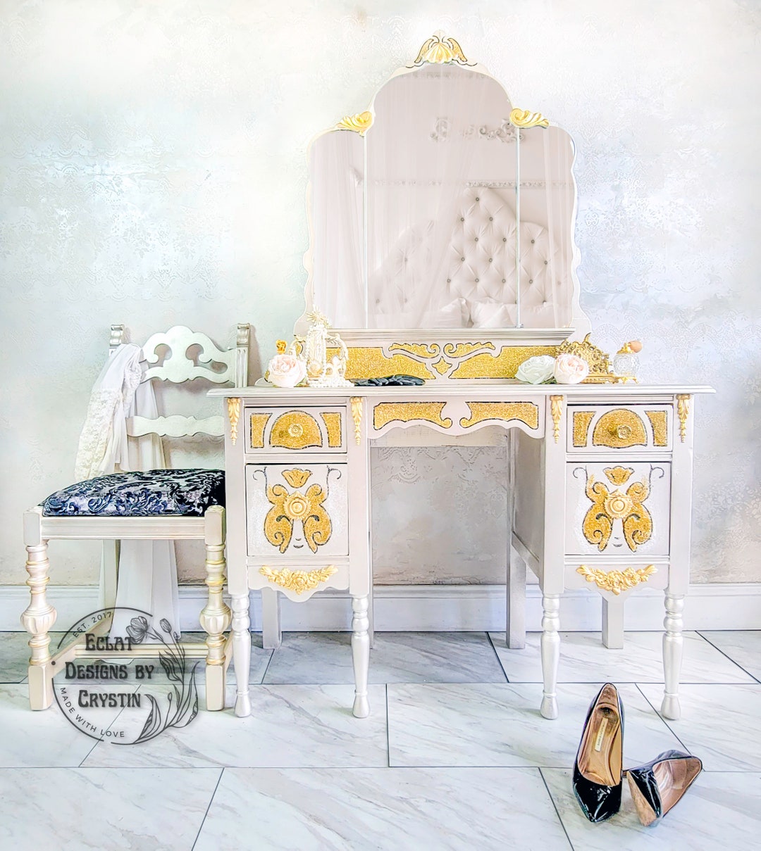 1920s Antique Bedroom Vanity Table With Mirror Chair, Hand Painted ...