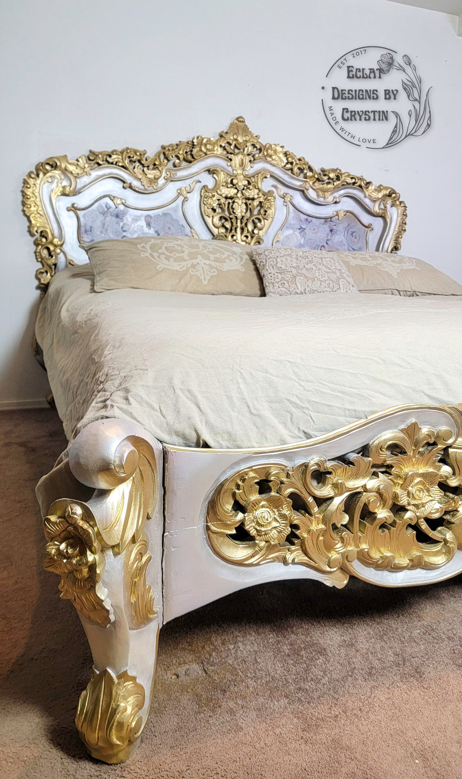 Handmade Wood Rococo King Size Bed Frame, Pearl Pink and Gold - Etsy