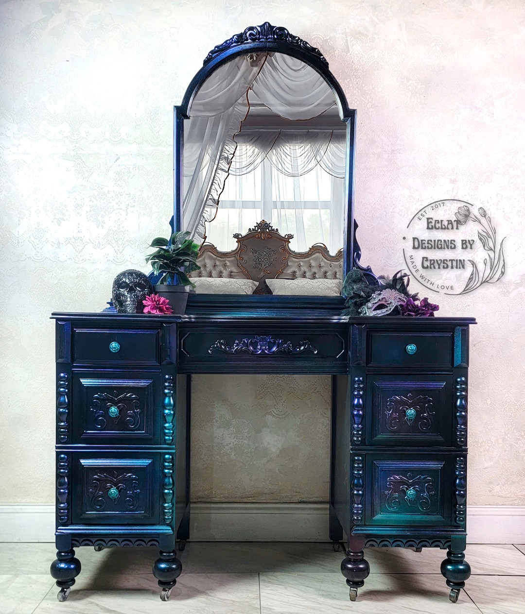 SOLD Gothic Carnival Glass Bedroom Vanity Table With Mirror, Makeup Table, Dressing Table, Hand ...