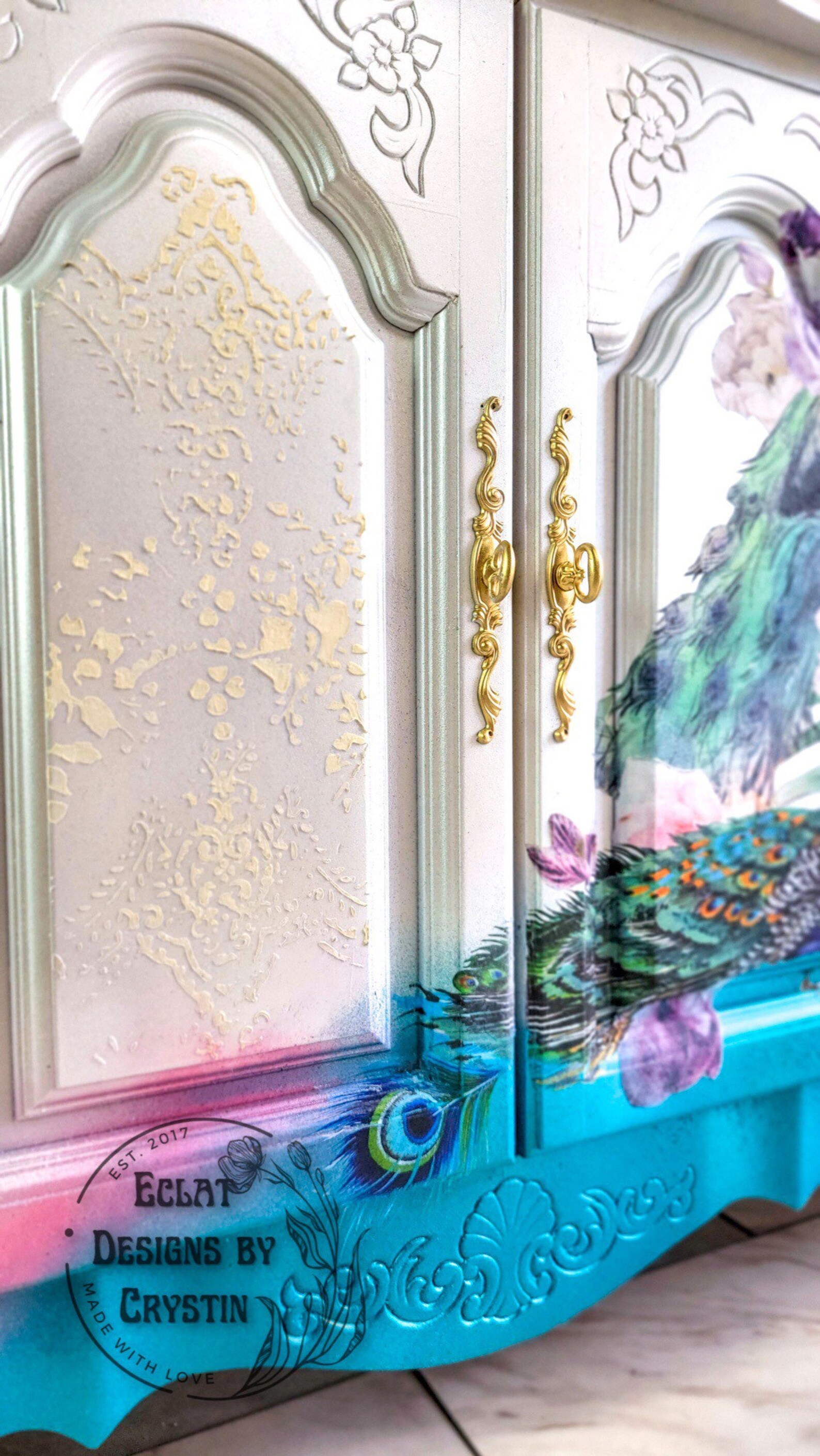 SOLD Custom, Bespoke Glamorous Peacock Dresser, Wide, Bohemian, Exotic ...