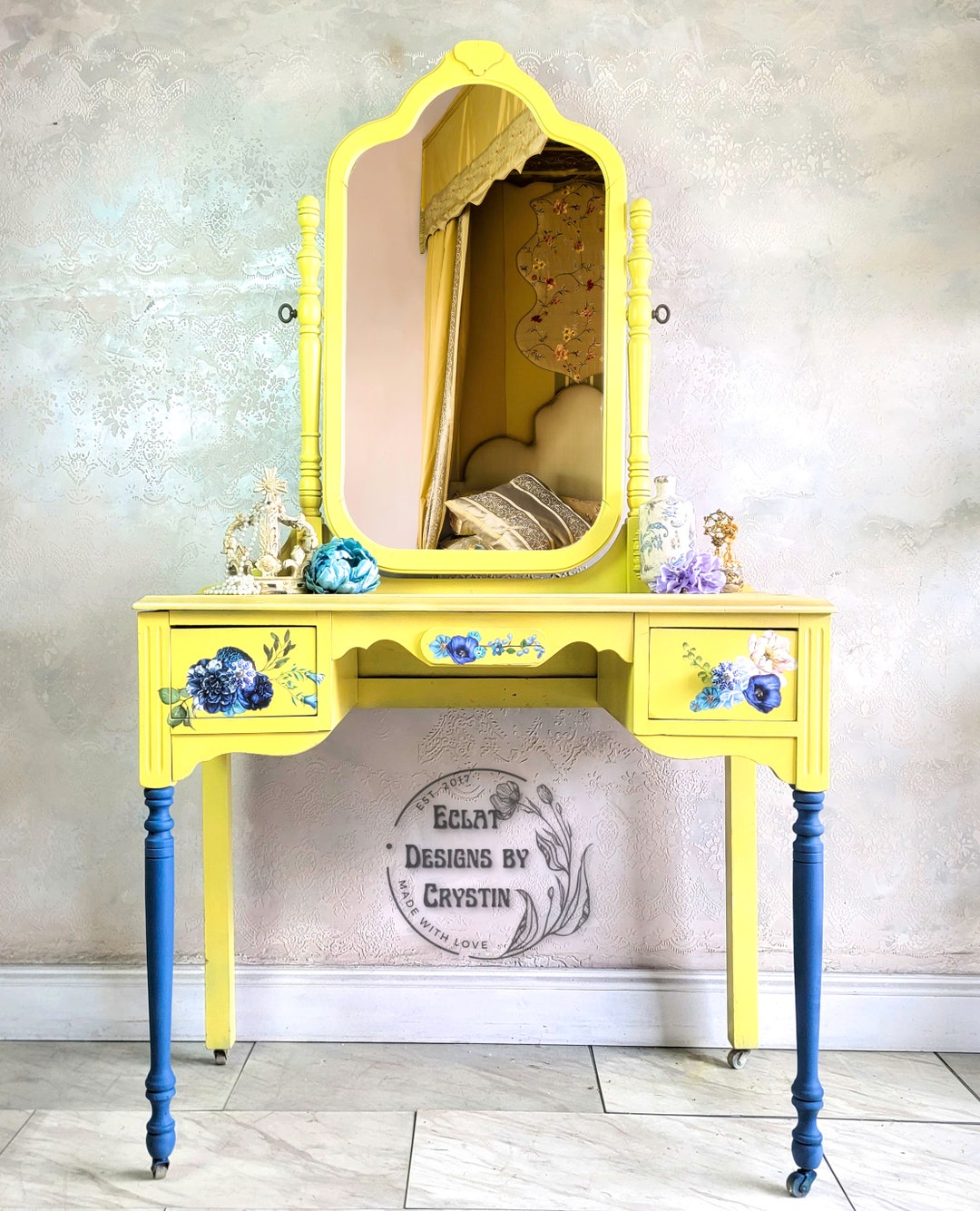 Yellow Vanity With Mirror, Makeup Table, Dressing Table, Hand Painted ...
