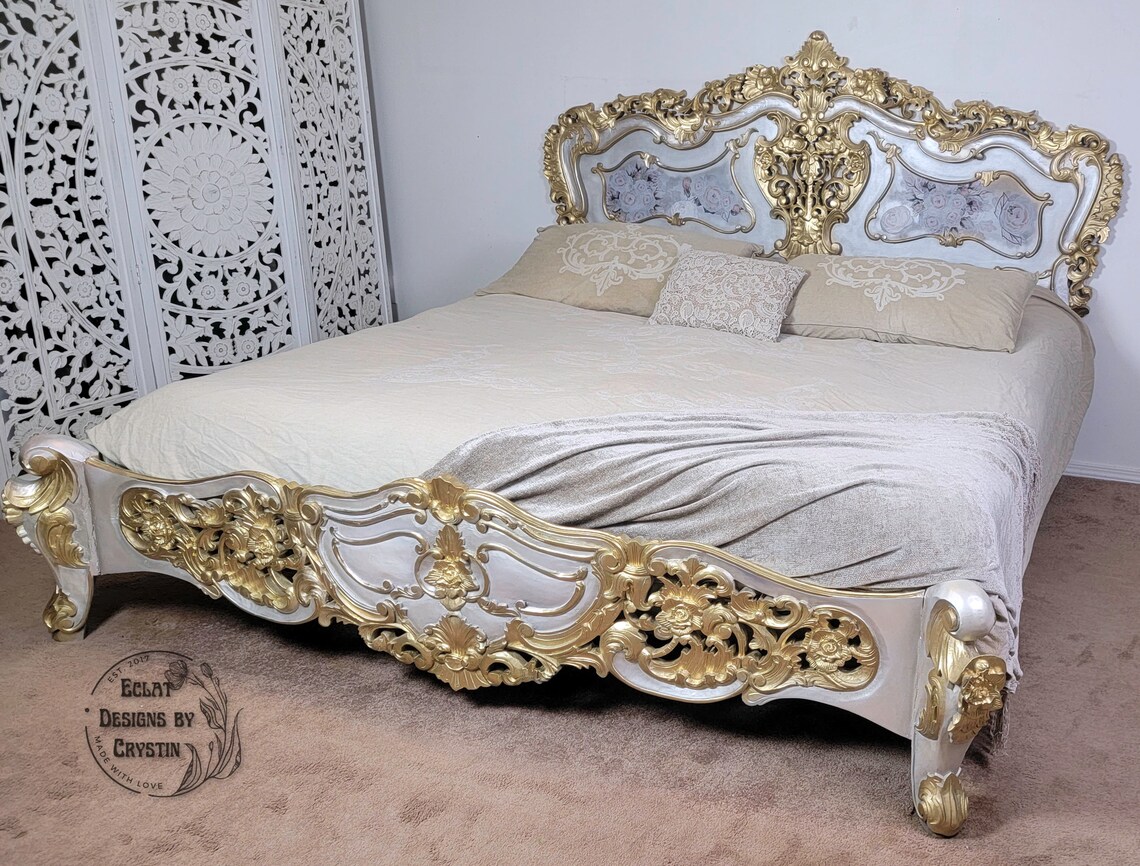 Wood Rococo Pearl Pink Rococo King Size Bed Frame Headboard - Etsy