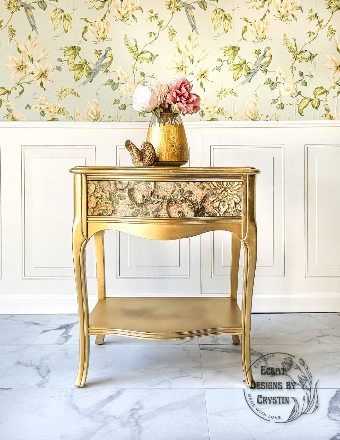 Handcrafted Royal Gold End Table - Luxurious One Drawer Side Accent ...