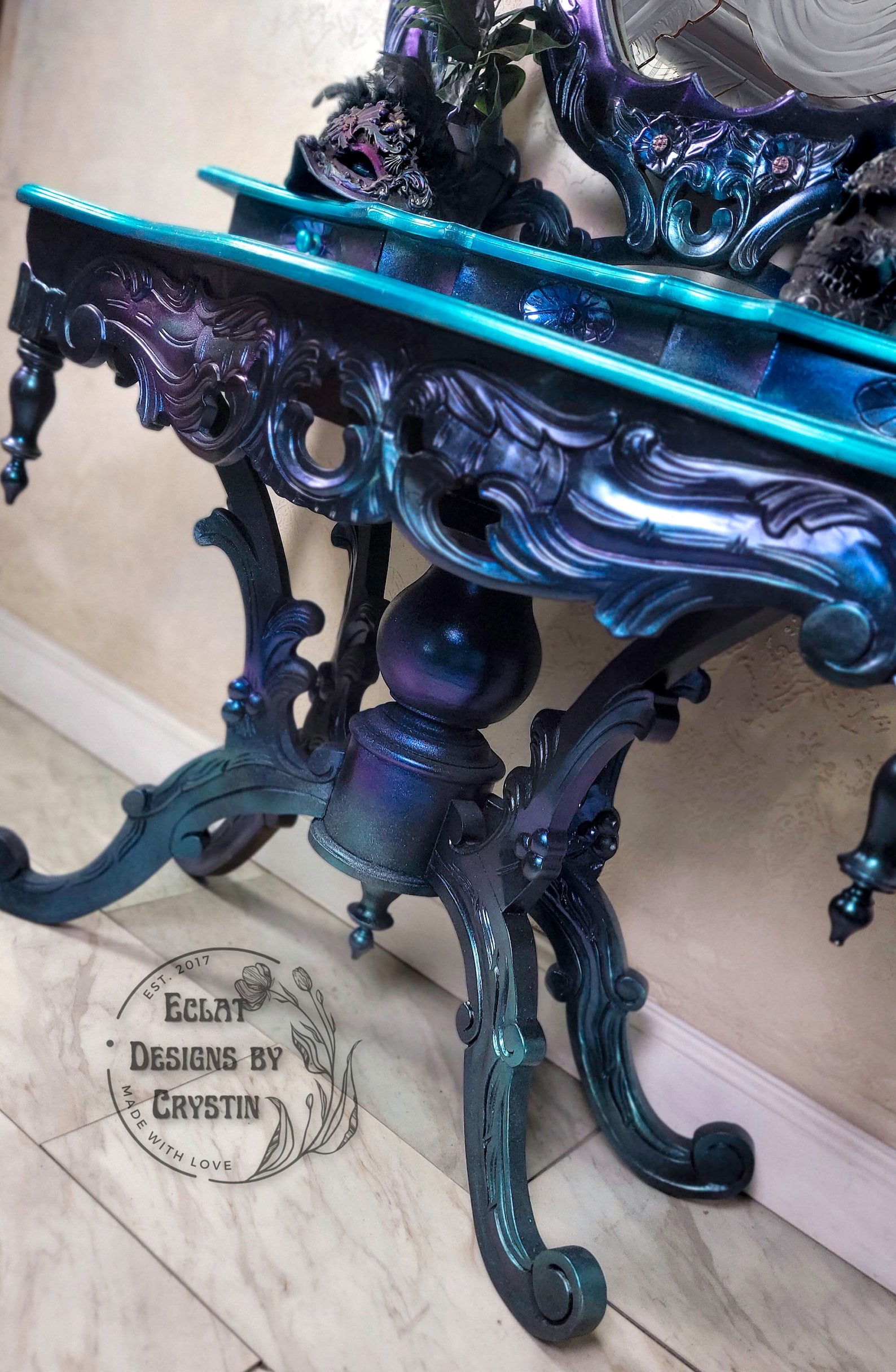 SOLD Custom Hand Painted Carnival Glass Vanity Table With Top Mirror ...