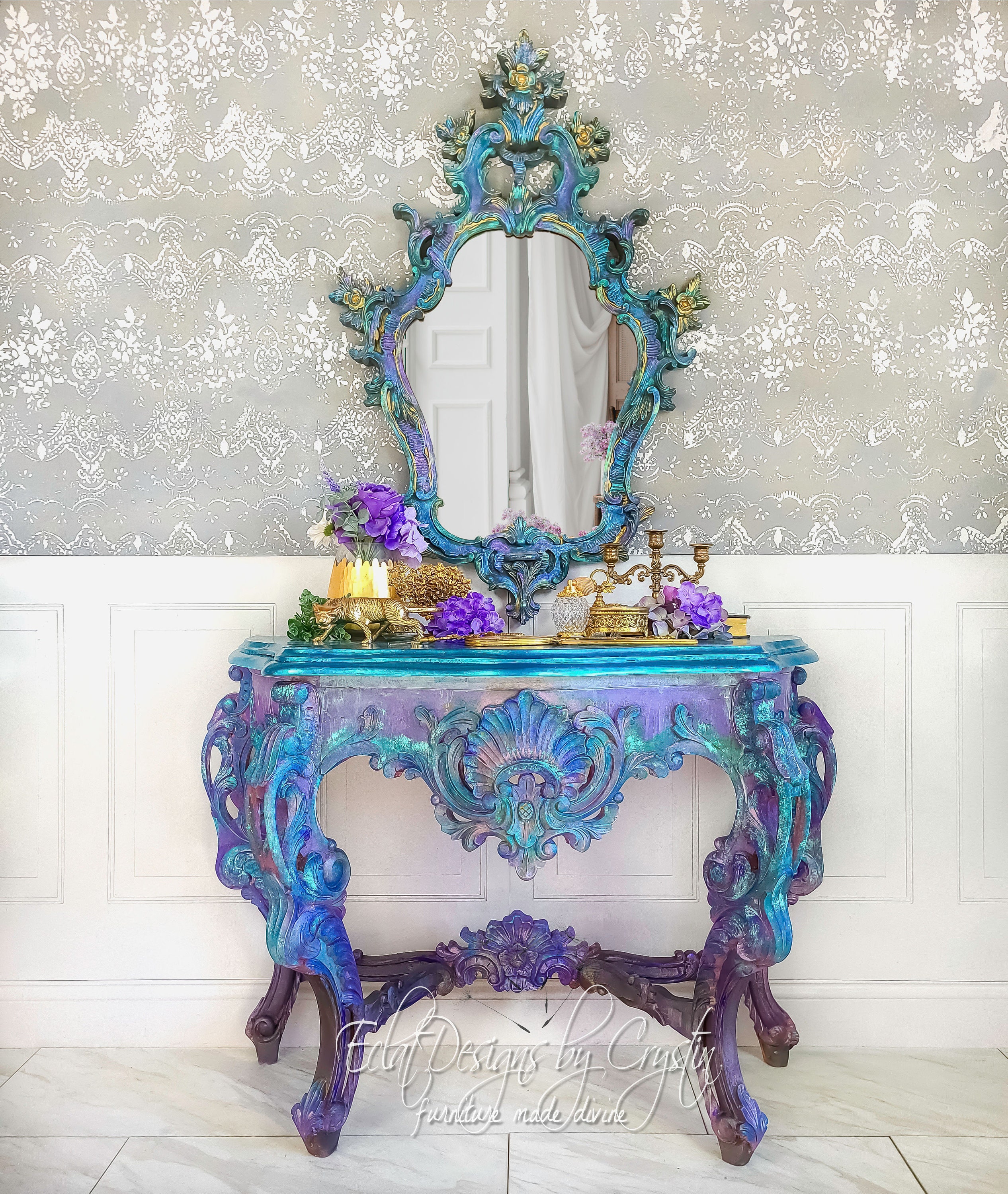 SOLD Mermaid, Carnival Glass Colors, Foyer Table, Painted Boho Furniture