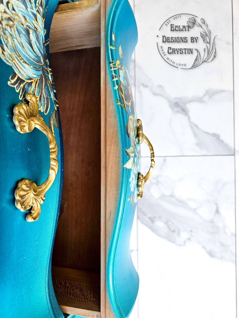 Hand-painted Gilded Floral Turquoise End Table - Vintage Bedroom ...