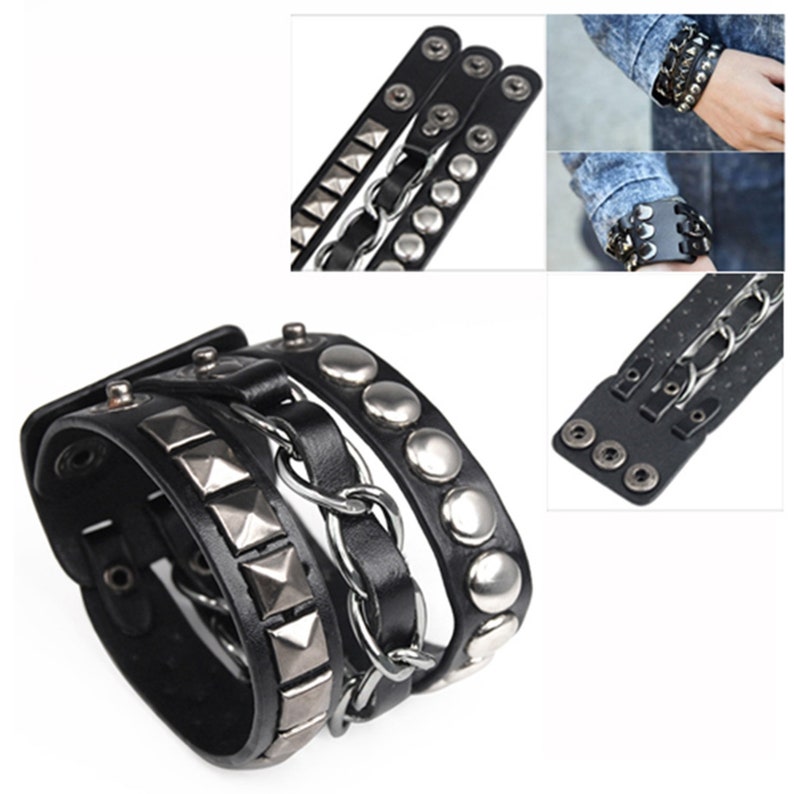 Pulsera unisex hecha a mano Punk Rock Rivet Multi Layers Black - Etsy ...