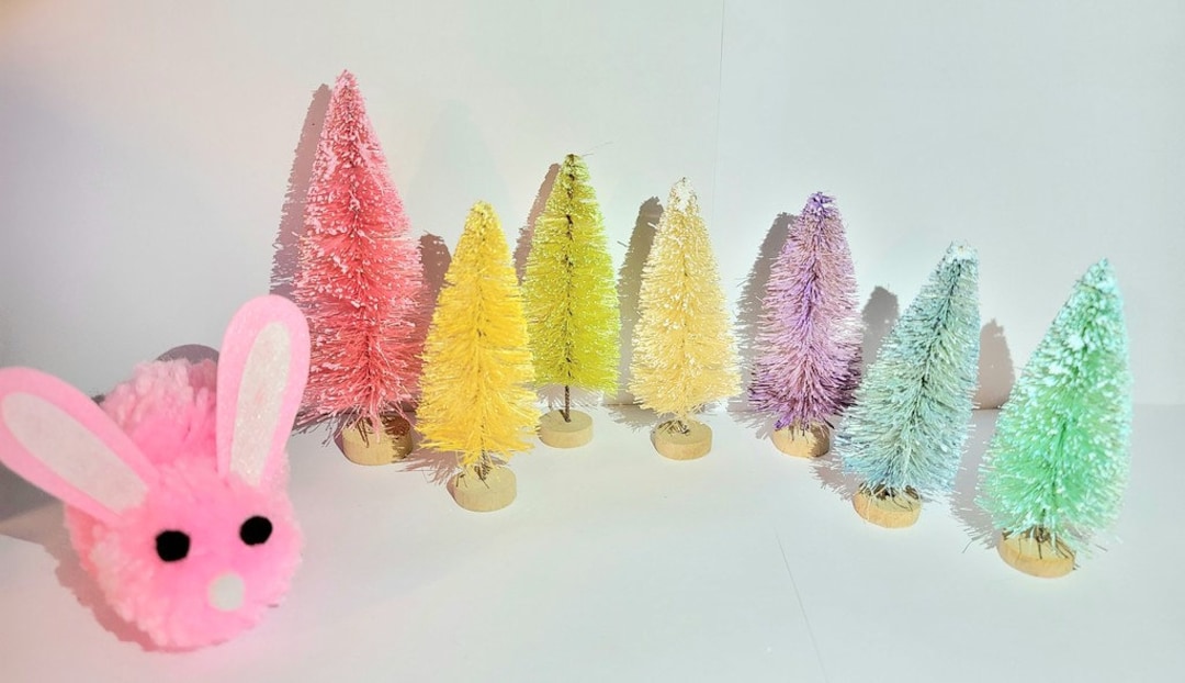 Set of 7 Easter Bottle Brush Trees With FREE Pompom Easter Bunny Home ...