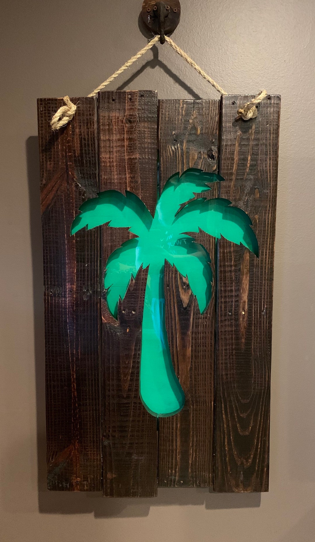 Pallet Wood Palm Tree Sign Lighted Reclaimed Wood Recycled Wood Sign ...