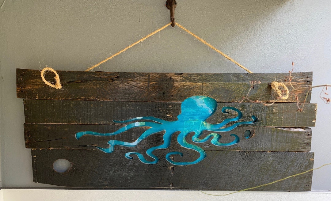 Teal Octopus Recycled Wood Sign Pallet Wood Decor Ocean Dive Decor - Etsy