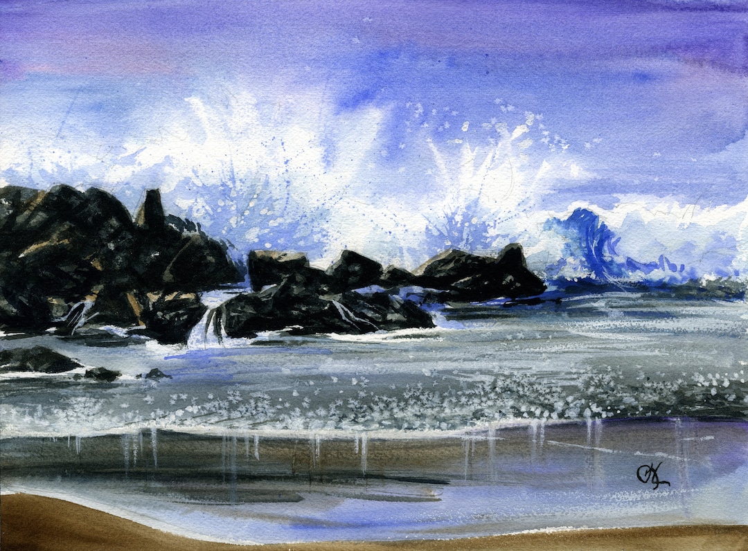 Original watercolor painting Venice Rocks A huge wave crashes over the ...